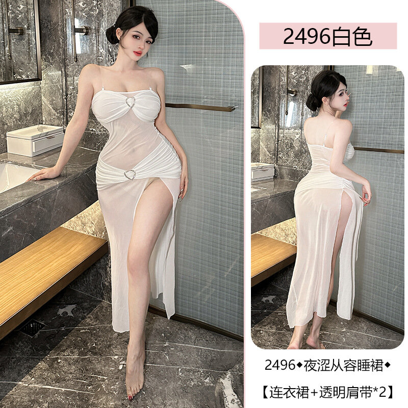 Сексуальное прозрачное платье без бретелей с открытыми плечами, соблазнительное прозрачное белье, обнажающее ягодицы, снимать не нужно. 2496. Белое платье + 2 прозрачные бретельки для бюстгальтера.