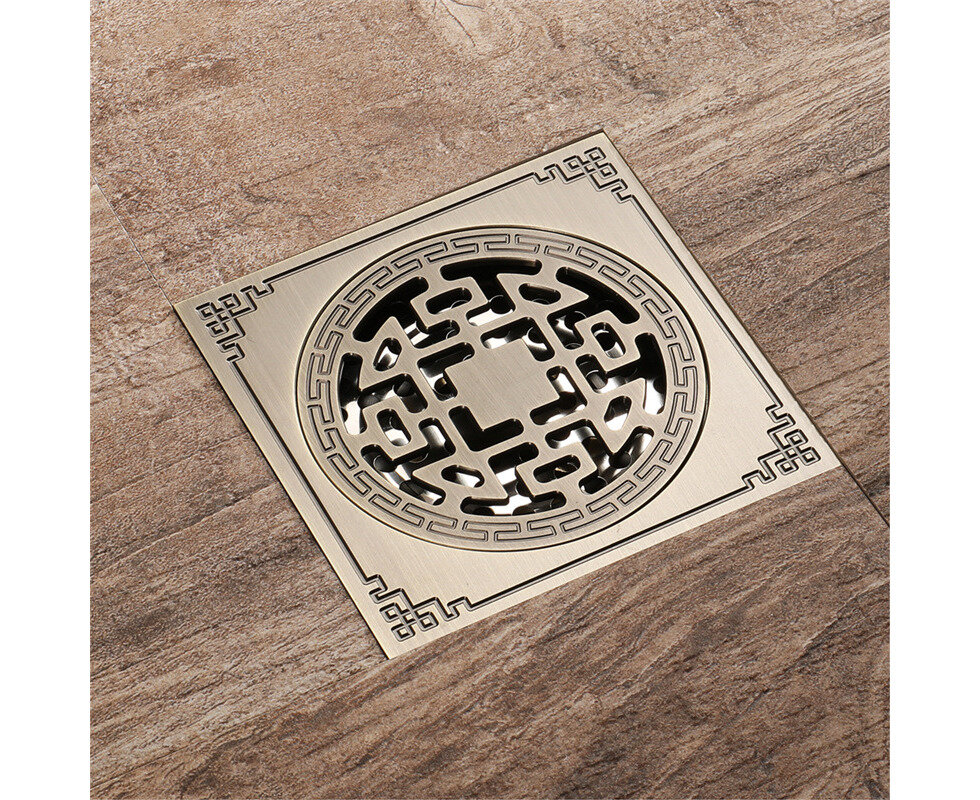 Дренаж для душевой кабины антизапахной желобok 10x10 антик-бронза, плитка для водостока, нержавеющая сталь AISI 304, кистью обработанная поверхность, гладкая отделка, глубокий наклон, регулируемые опоры, съемная решетка, сетка для волос, упаковка