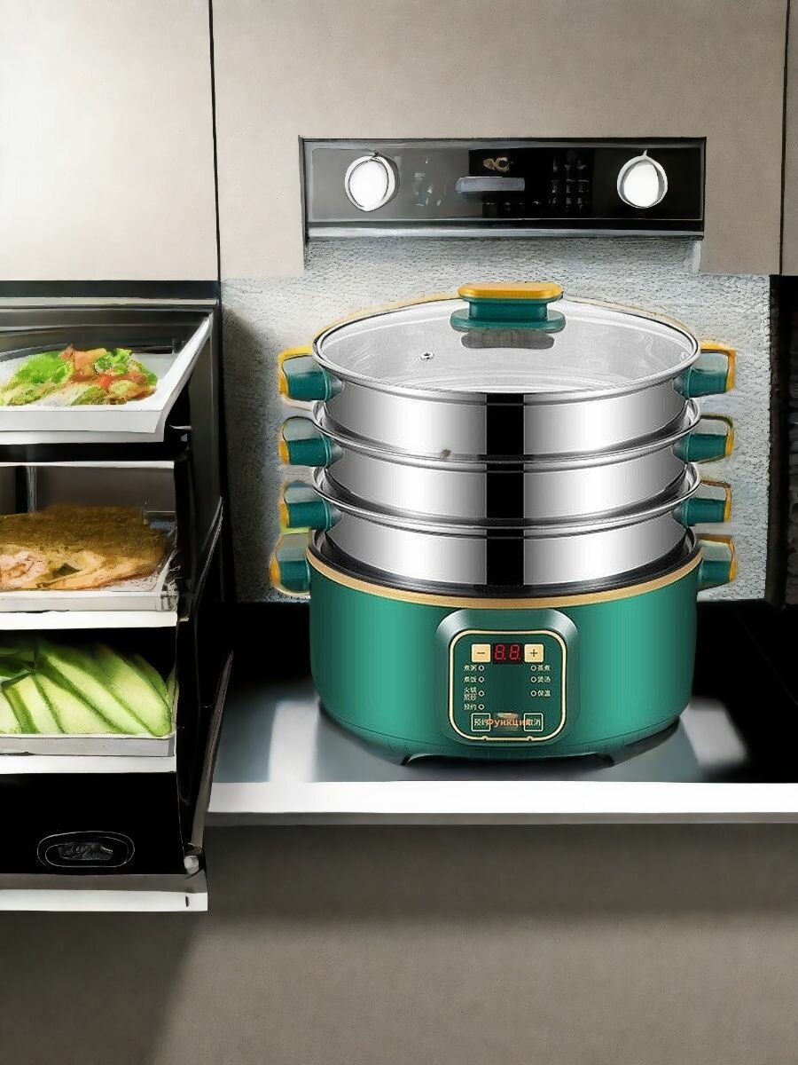 Пароварка электрическая мантоварка+BANGPAI+Многофункциональная электрическая пароварка, бронирование, автоматическое отключение питания, хронометраж, зеленый