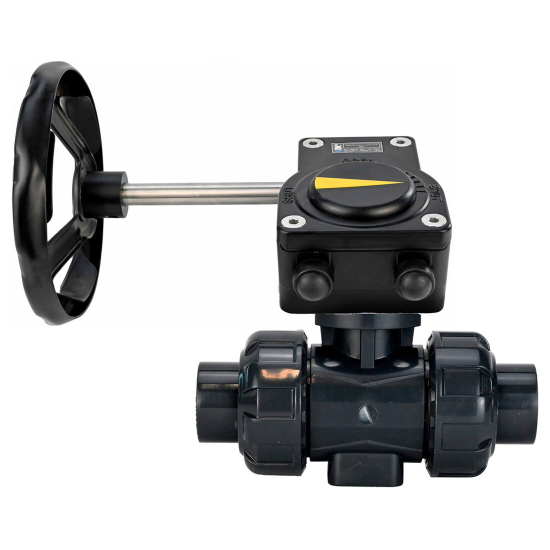 Кран шаровой DN.ru НПВХ-НПВХ-E-FP-GRM-ISO Дн65 Ру10 полнопроходной, клеевой с разборным муфтовым соединением, корпус - НПВХ, шар - НПВХ, уплотнение - EPDM, с редуктором DN. ru HAM-1 (опрессовано)