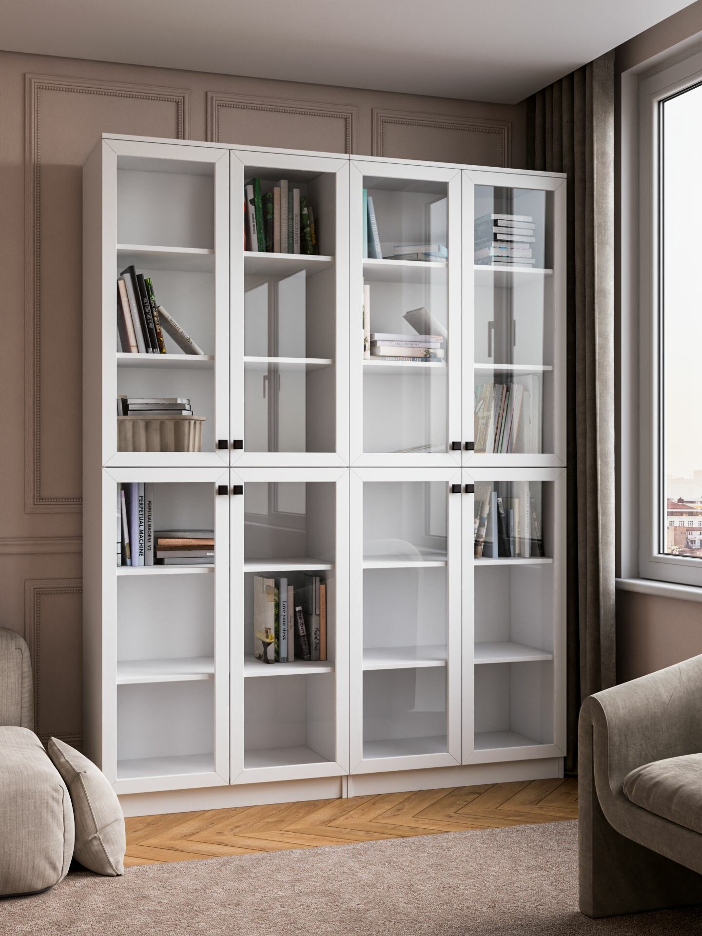 Шкаф-витрина Вест 4.2, 136х38х210 см, со стеклянными дверцами, шкаф для книг, с полками, белый