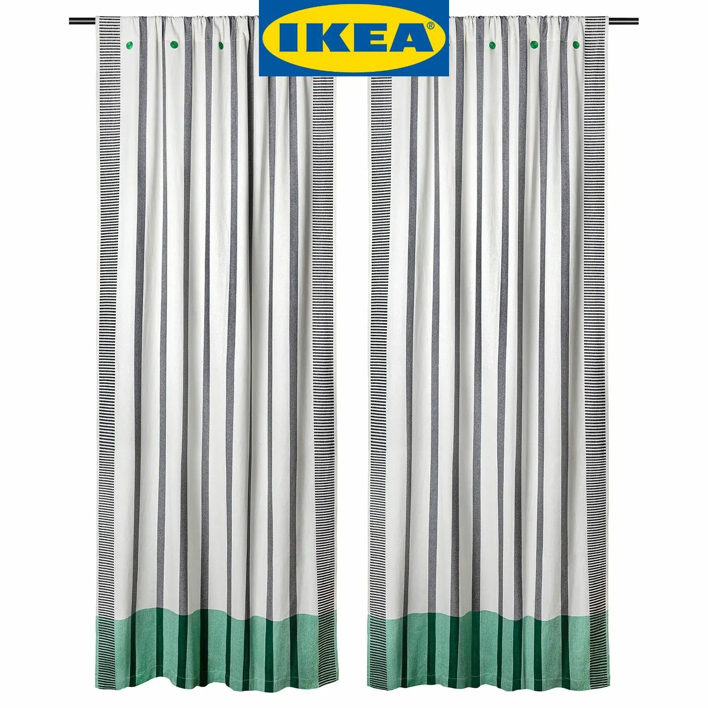 Икеа Мавинин, Мирвин Шторы, 2 шторы, черный / белый / полосатый зеленый, 110x250 см