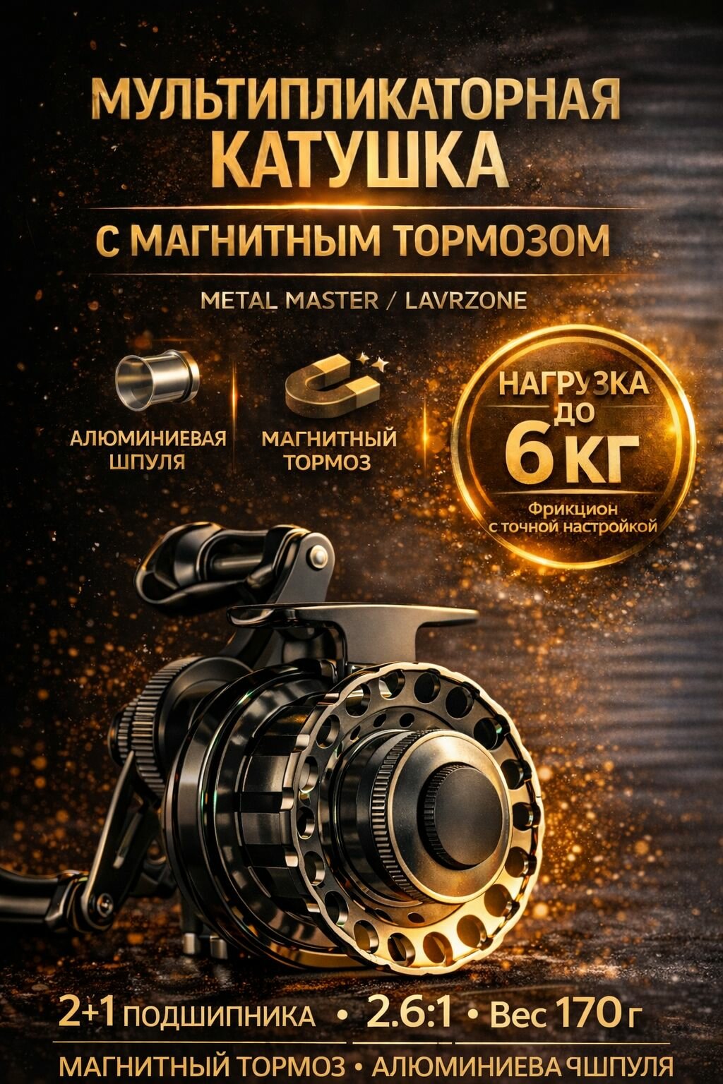 Катушка зимняя мультипликаторная Metal Master L (Slow Descent) под левую руку, зимняя катушка для удочки, металлическая шпуля, с магнитным тормозом