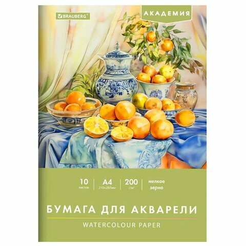 Папка для акварели А4, 10 л, 200 г/м2, 210х297 мм, BRAUBERG академия, "Апельсины", 117743