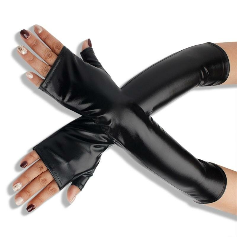 Сексуальные кожаные перчатки без пальцев из лакированной кожи средней длины-черный