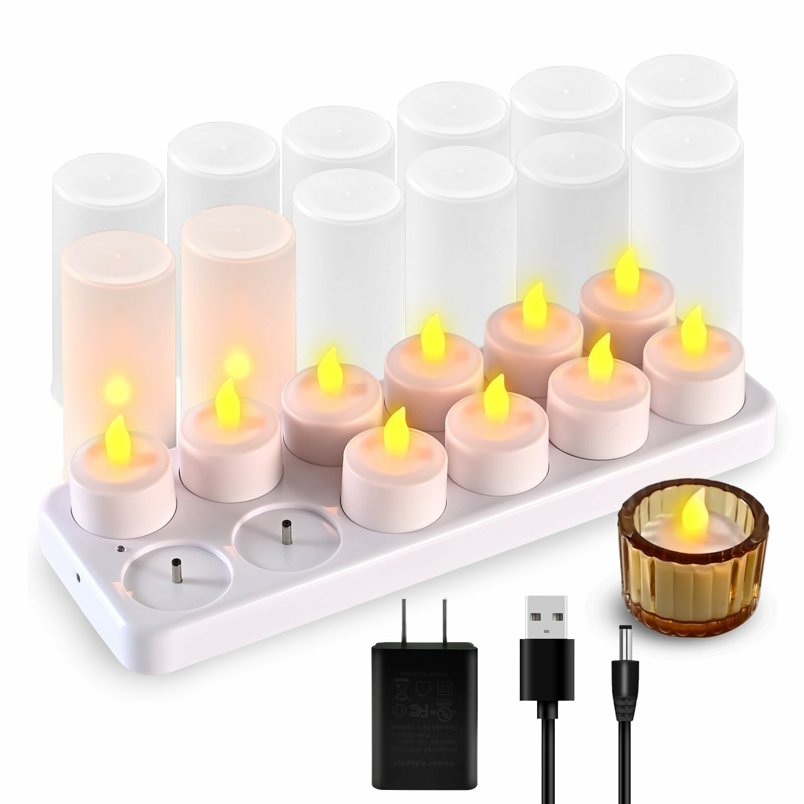 Juego de 12 velas LED recargables sin llama parpadeantes con base blanca y adaptador de CA para hogar, restaurantes, bodas, decoración de Navidad (sin control remoto)