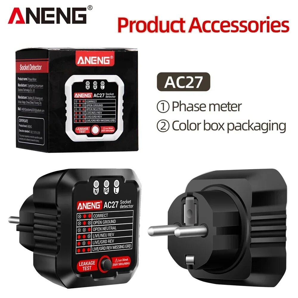 Тестер розеток, тест напряжения ANENG AC27, детектор розеток, заземление, нулевая линия, полярность фазы, инструмент для проверки цепи, вилка европейского/американского стандарта