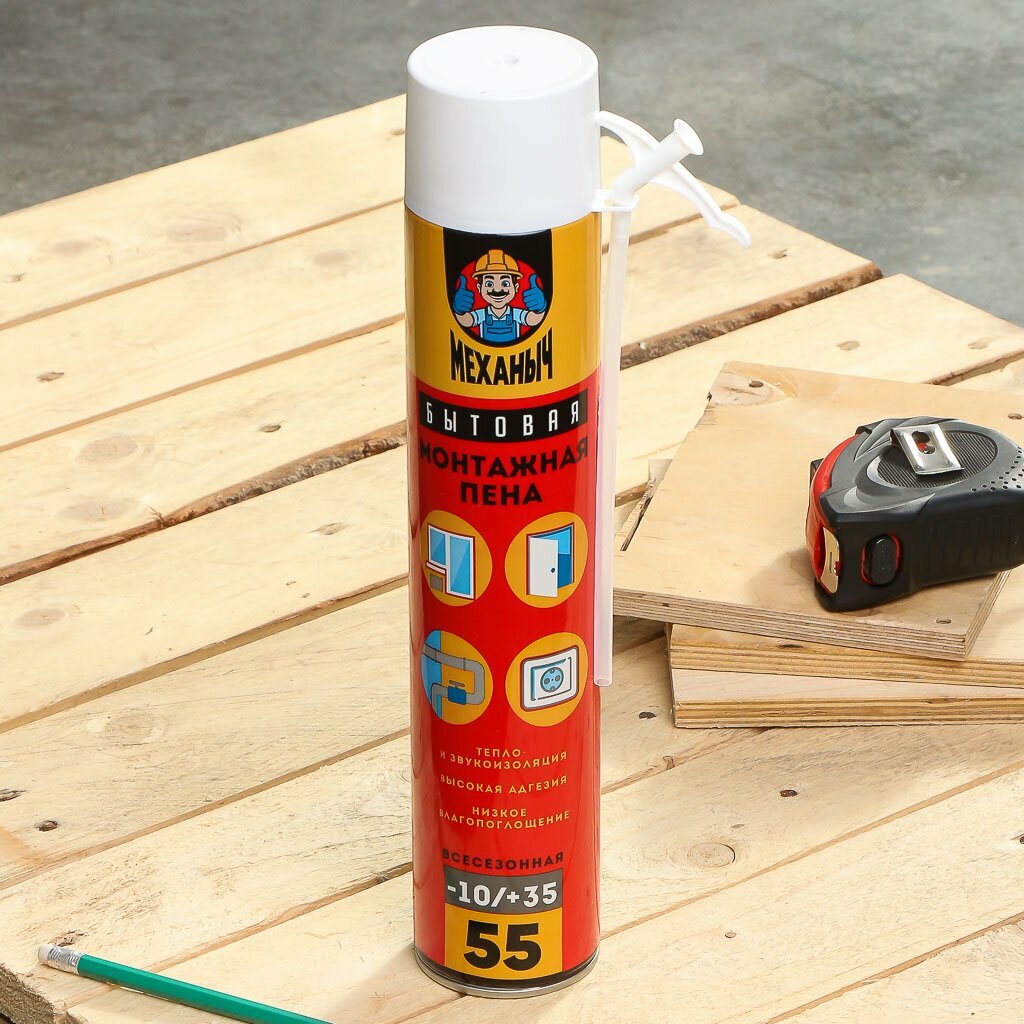 Пена монтажная Механыч бытовая 55 л всесезонная (-10 до +35), для теплоизоляции и монтажа окон и дверей, артикул 1727