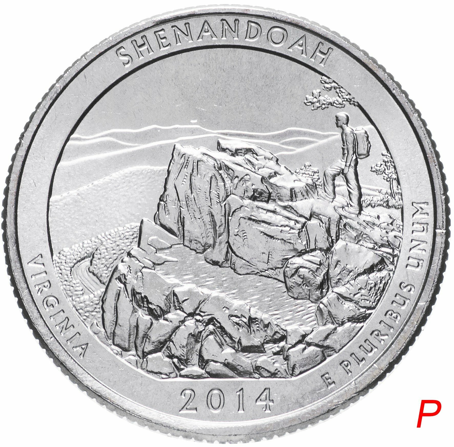 США 1/4 доллара 25 центов, квотер 2014 P — "Национальный парк Шенандоа" 22-й парк, Мельхиор медь-никель, в сохранности UNC