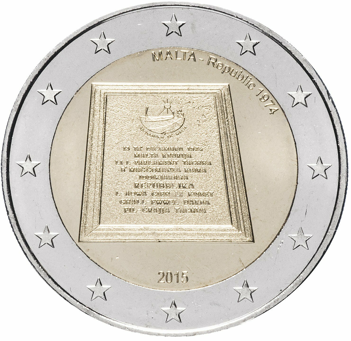 Мальта 2 евро 2015 "Введение республиканской формы правления в 1974 году", Биметалл, в сохранности UNC