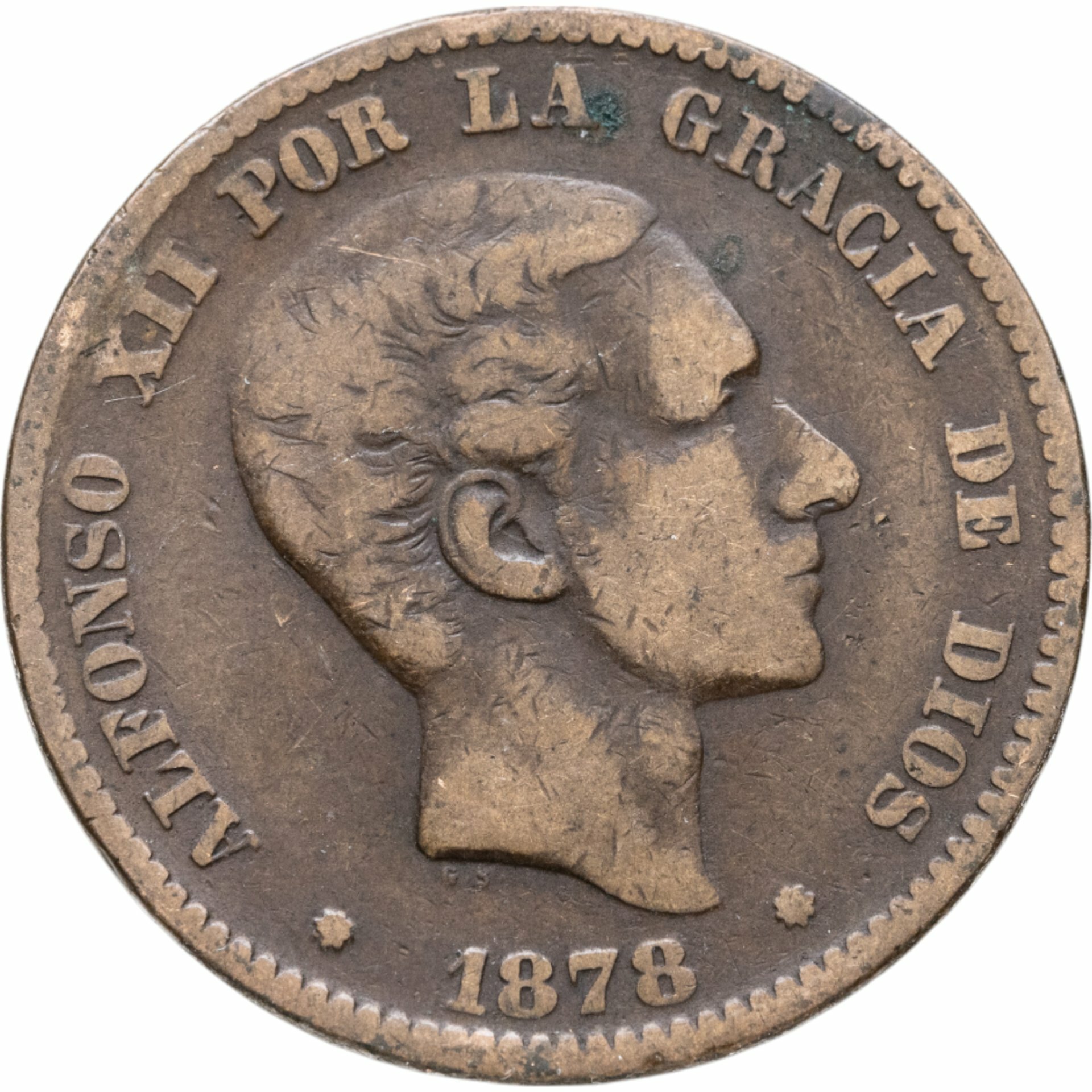 Испания 10 сентимо centimos 1878, Бронза, в сохранности F-VF