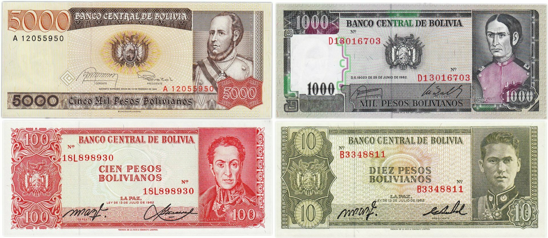 Боливия набор из 4 банкнот 10, 100, 1000 5000 песо боливиано 1962-1984