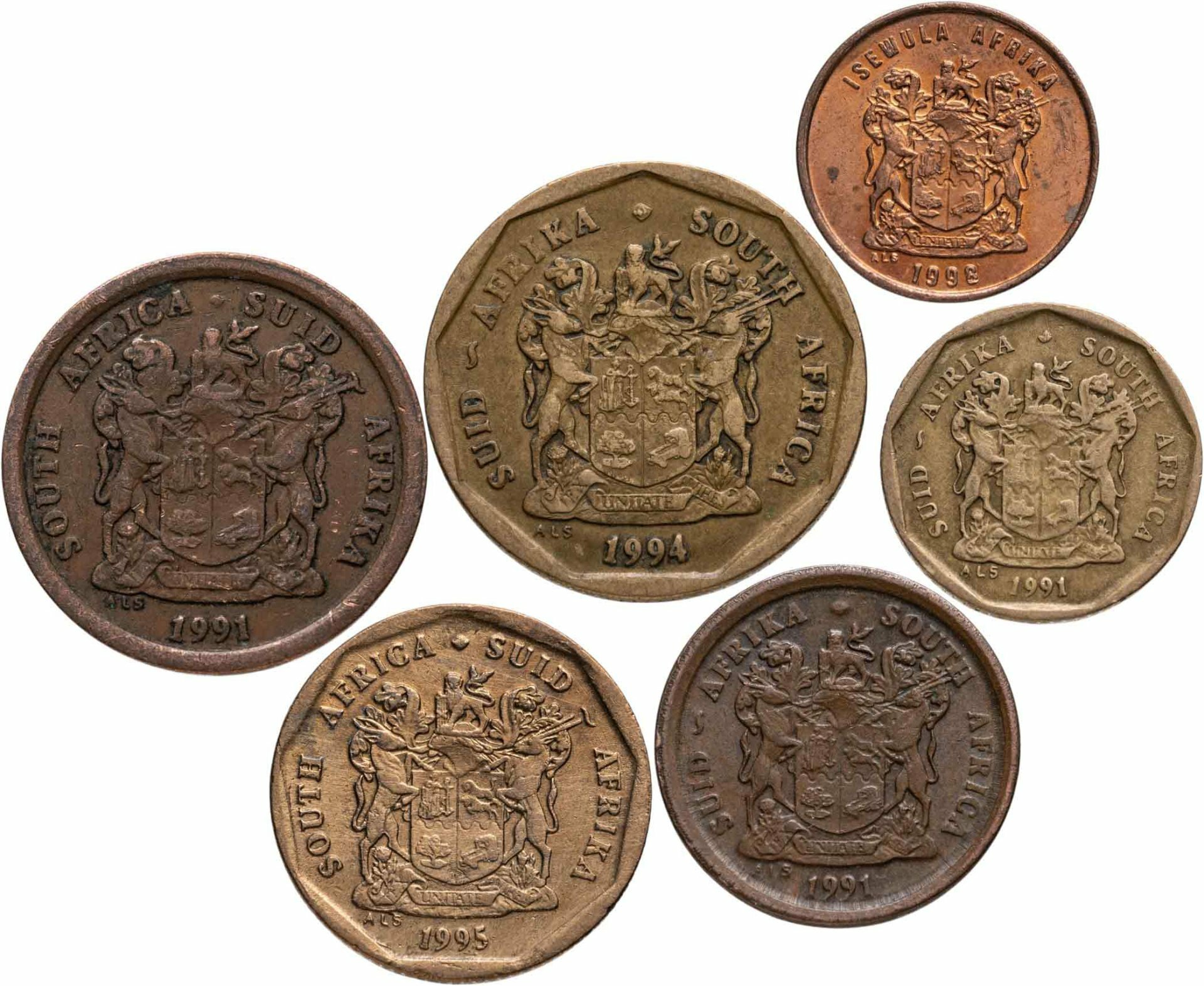 ЮАР, набор из 6 монет 1990-1999 годов, Сталь с медным покрытием, Сталь с бронзовым покрытием, в сохранности VF-XF