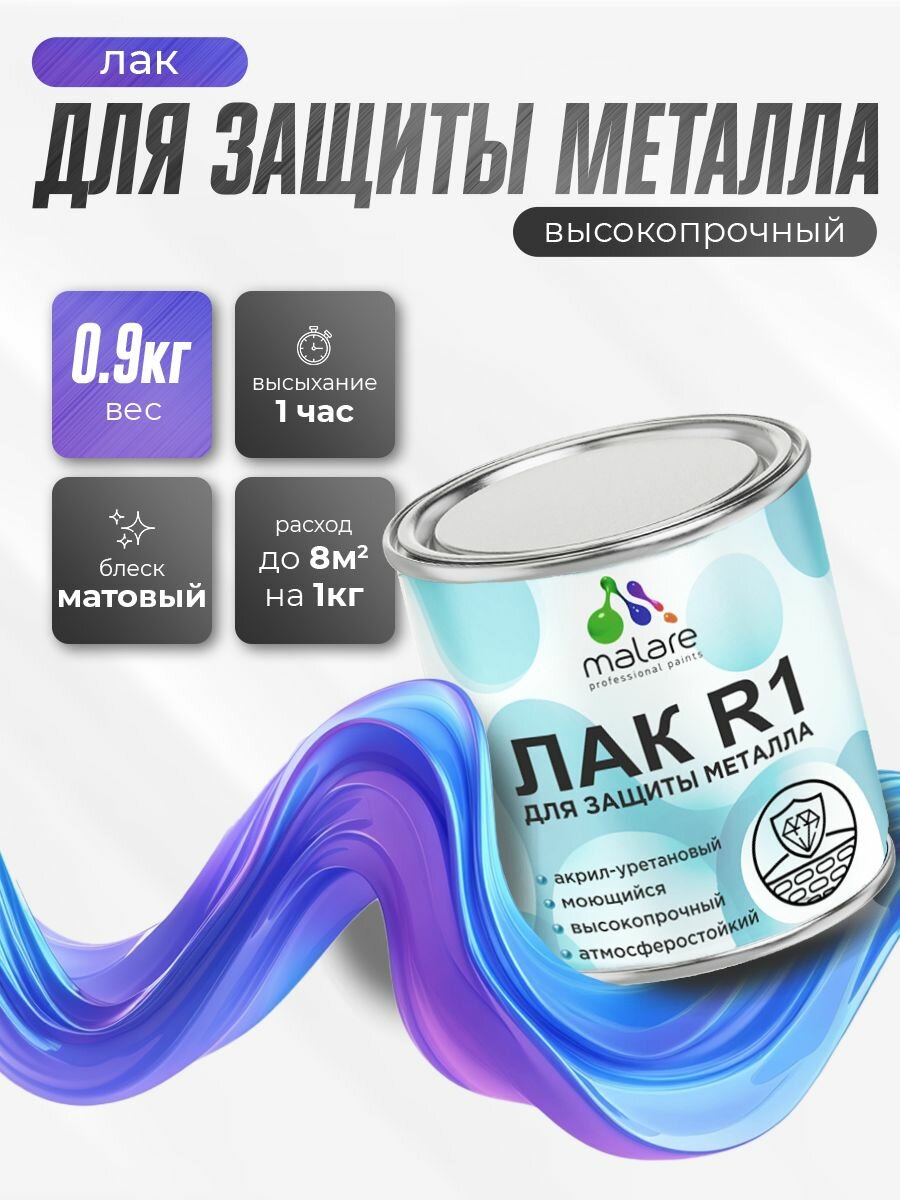 Лак для защиты металла Malare R1 алкидно-уретановый, влагостойкий моющийся быстросохнущий, прозрачный, матовый, 0.9 кг