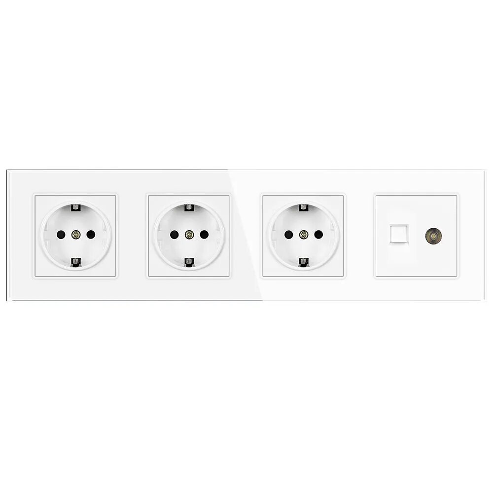 Розетка электрическая 4 поста 220В 16А+RJ45 ТВ-Компьютер Стекло Рамка белая