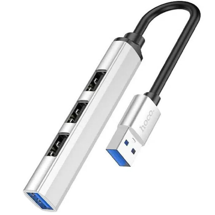 Разветвитель USB Hoco HB26 Metal Grey хаб - концентратор 1 порт USB3.0, 3 порта USB2.0 - серый металлик