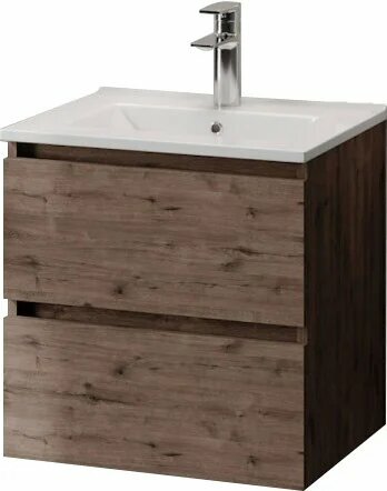 Тумба с раковиной Teymi Laina 50 подвесная, 51, 5 см, темное дерево, матовая, из МДФ, с ящиками, раковина для ванной, фарфоровая, прямоугольная