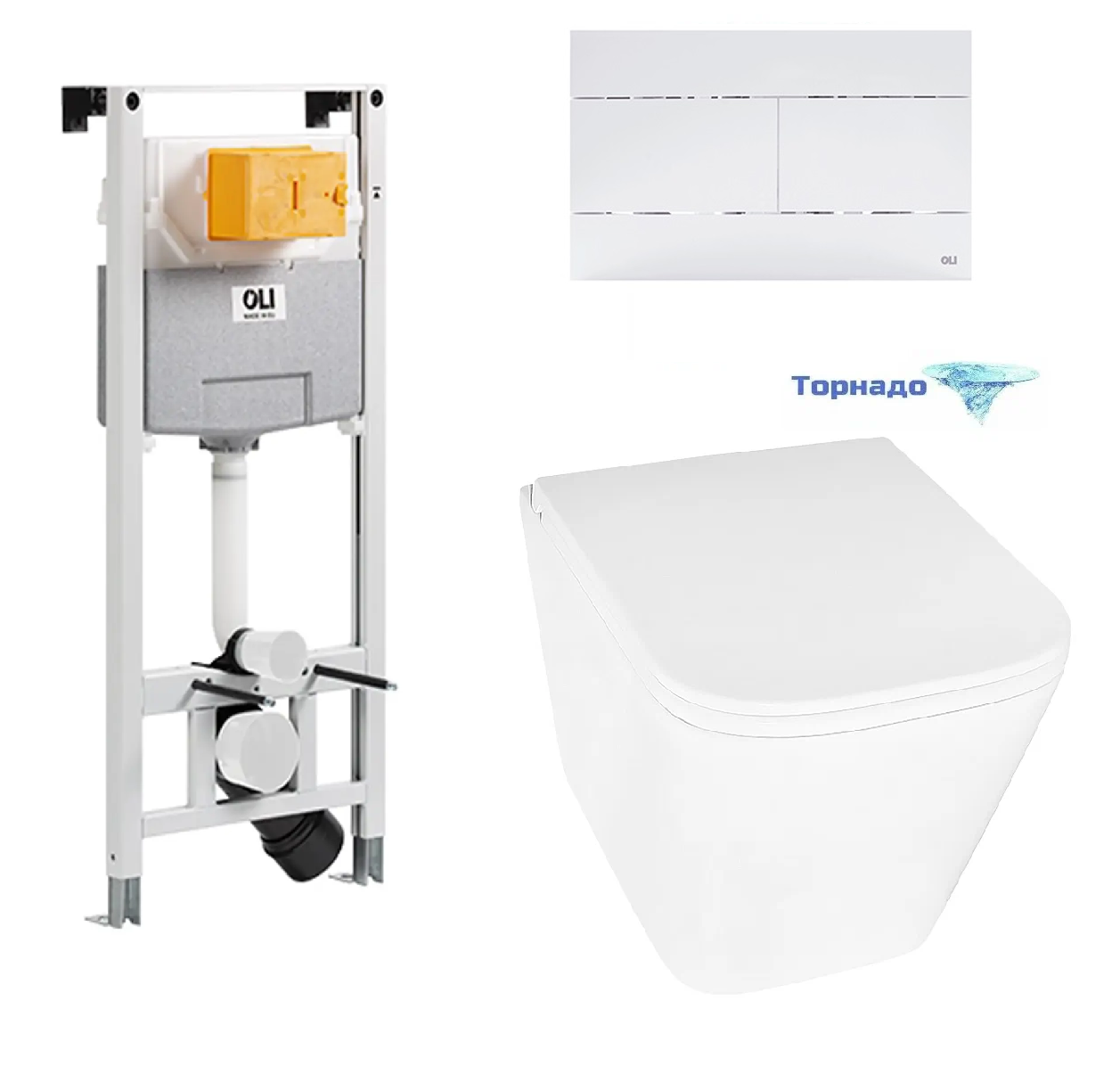 ПЭК: инсталляция OLI 120 ECO Sanitarblock mechanic CR14090879566 с белой квадратной кнопкой Oli SLIM и унитазом Azario (система смыва торнадо) и быстросъемным сиденьем микролифт.