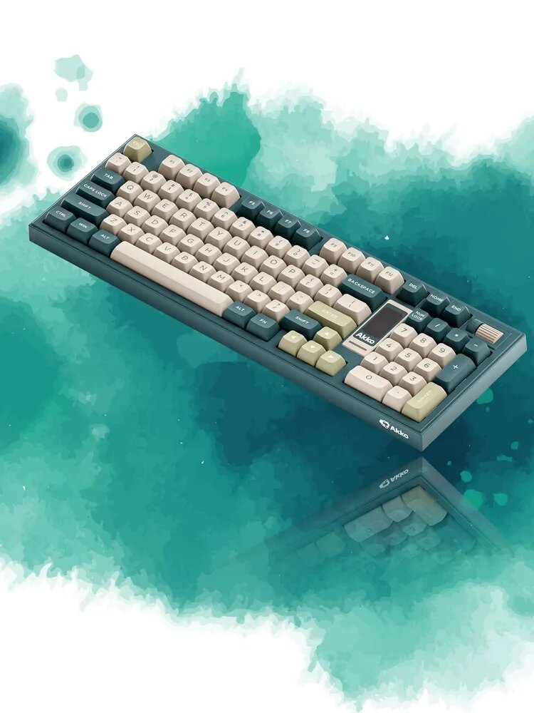 AKKO Игровая клавиатура беспроводная Akko 5098B беспроводная механическая игровая клавиатура с 1,47-дюймовым TFT-экраном, вертикальной ручкой, 1800, компактной 96 клавишами, горячая замена, RGB-прокладка, (Ice Cream Pink), Английская раскладка, бирюзовый