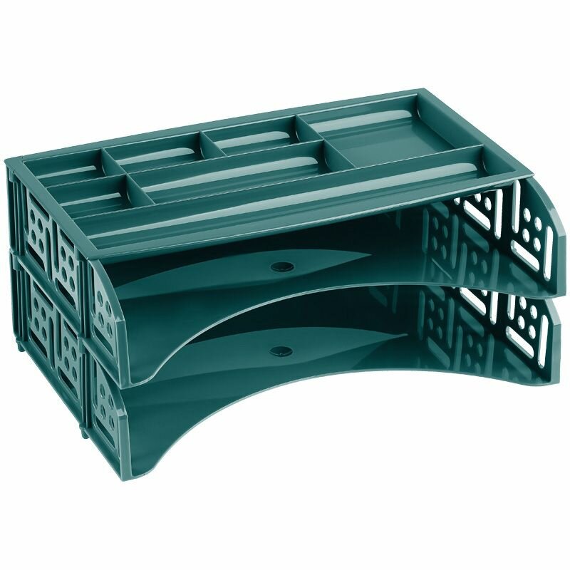 2 шт. Лоток для бумаг горизонтальный СТАММ "Field", набор 2шт. + органайзер, зеленый NY