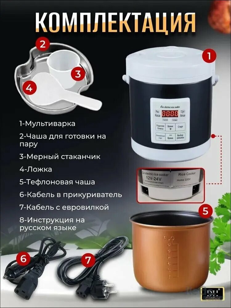 Мультиварка пароварка на 1,6л. в авто/дом универсальная 12-24-220в, Русская версия — фото 1