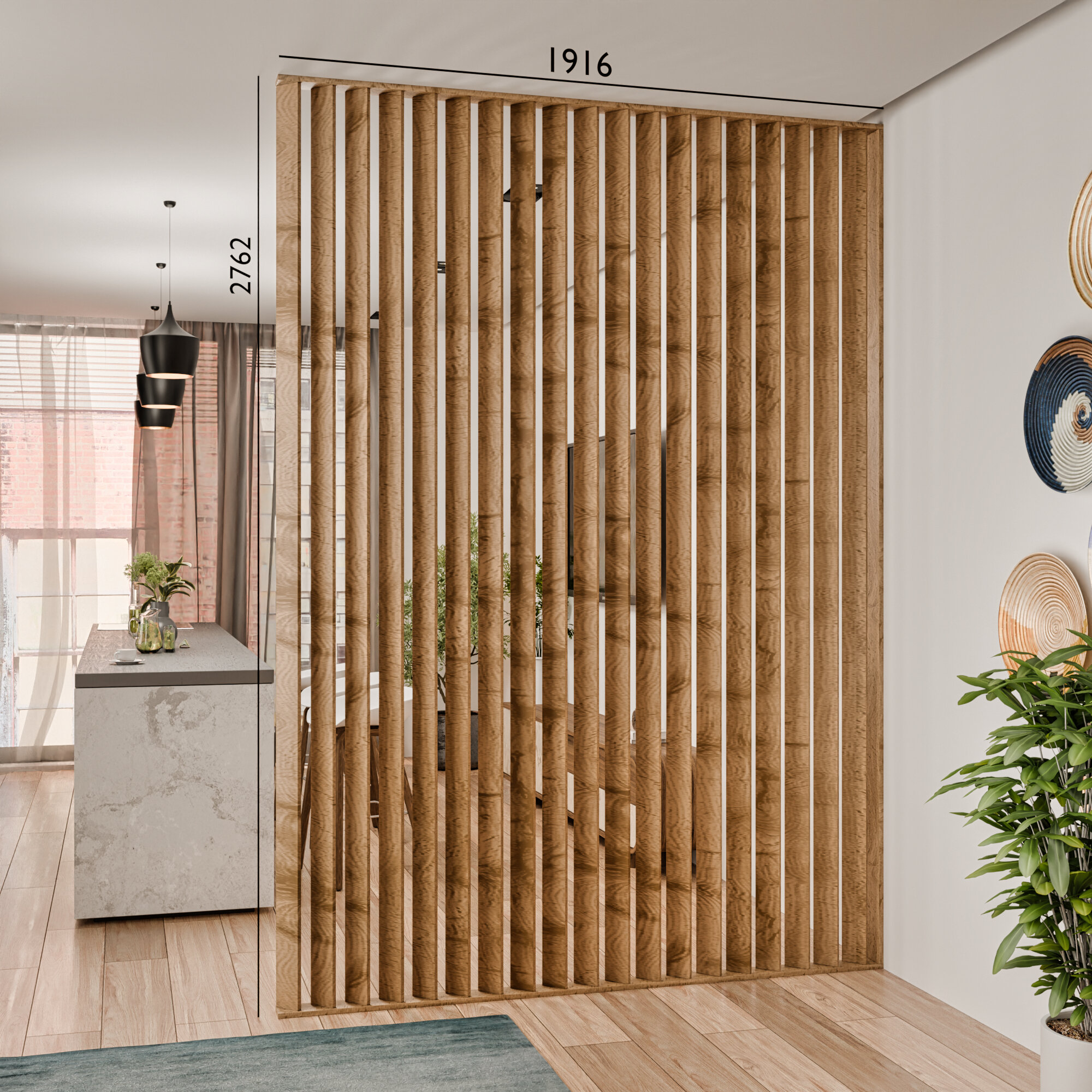 Перегородка из реек для зонирования пространства, дуб вотан, 192 см