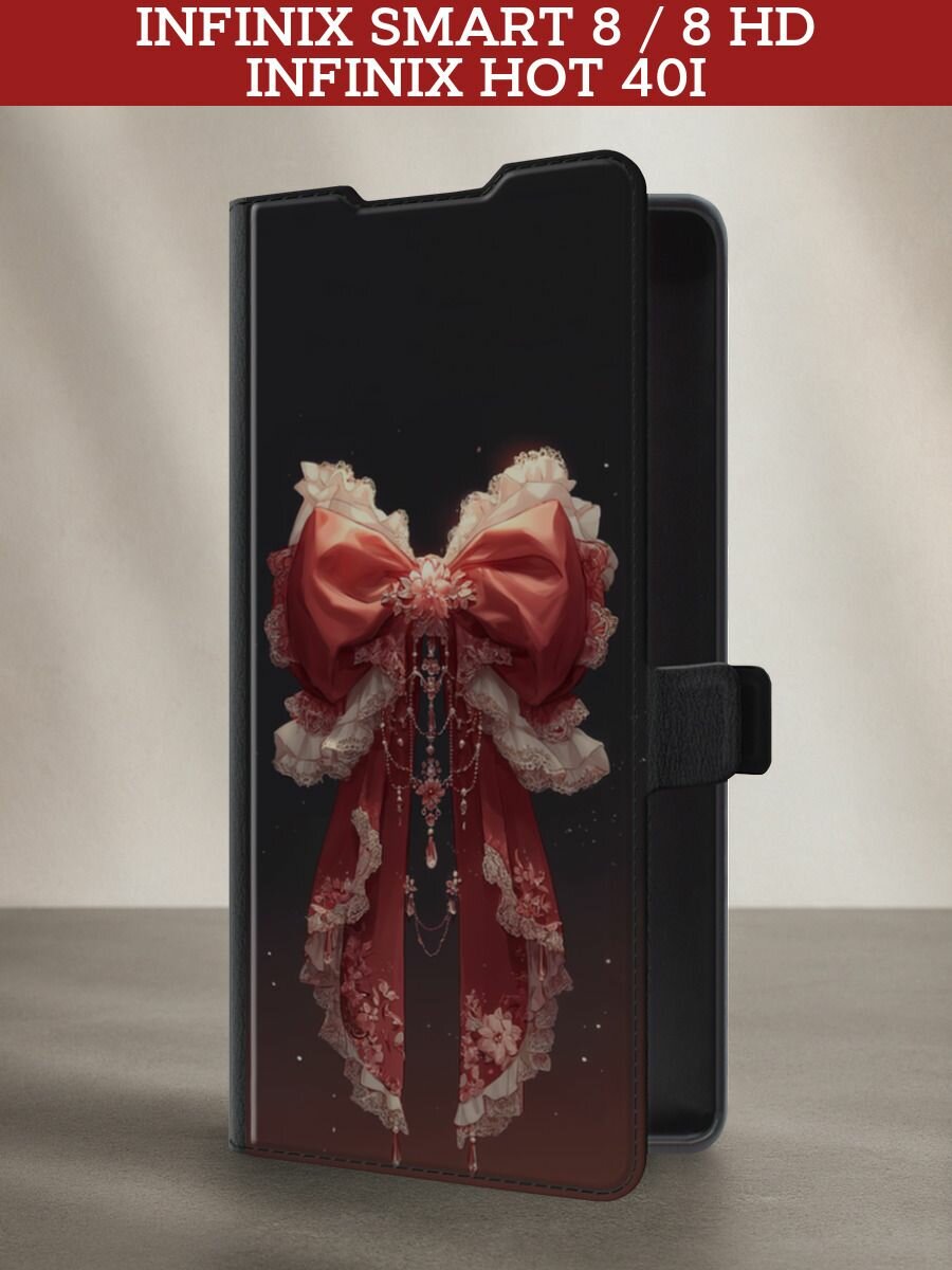 Чехол-книжка на Infinix Smart 8/8 HD/HOT 40i / Инфиникс Смарт 8/8 HD/Хот 40i с принтом Красный бант аниме, черный
