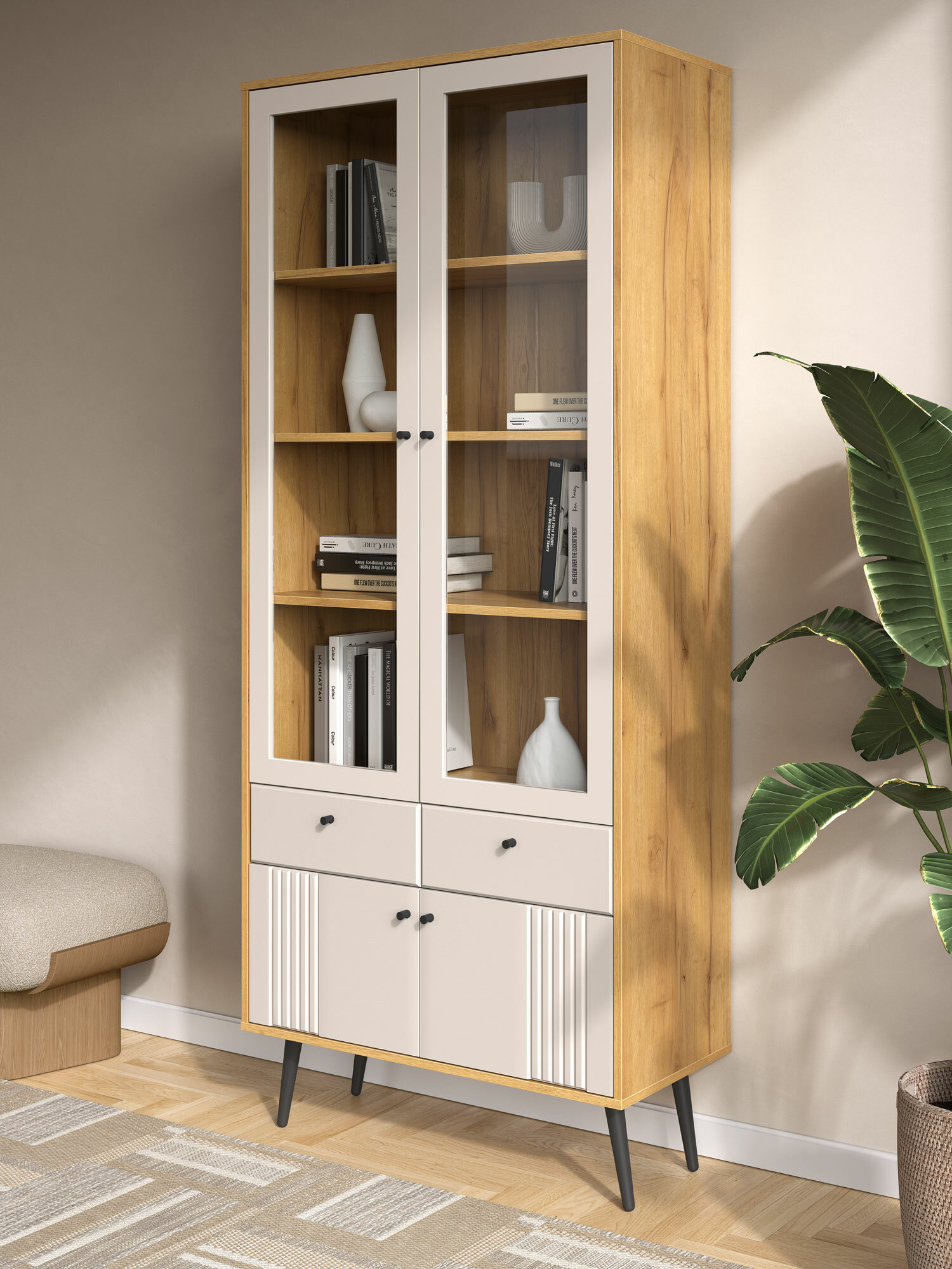 Шкаф-витрина Вега Саксония 2 двери, с полками, с ящиками, с доводчиками, 83.4х40х200 см, Дуб Крафт золотой / Миндаль