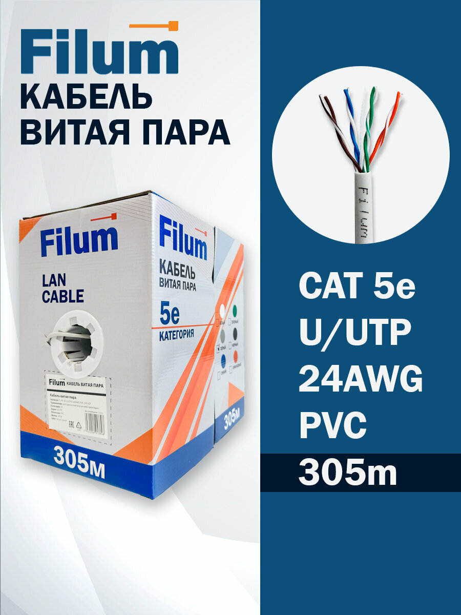 Кабель витая пара U/UTP 5e кат. 4 пары Filum, чистая медь, коробка 305 м, PVC, серый