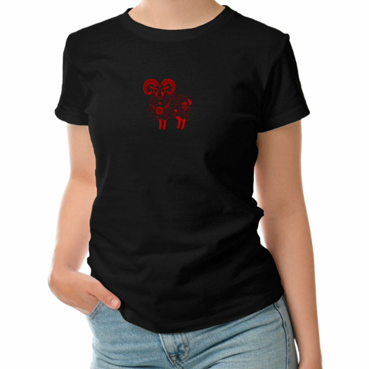 Женская футболка «огненная овца баран узор орнамент русский стиль» (черный, S)