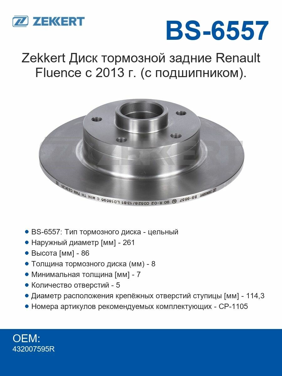 Zekkert Диск тормозной задние Renault Fluence с 2013 г. (с подшипником).