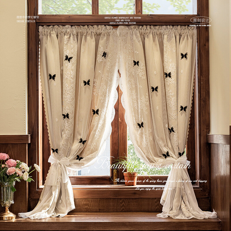 Двухслойные затемняющие шторы для спальни, прозрачные, интегрированные, в стиле принцессы, французский цвет молочного чая, с бабочками, интернет-знаменитости, кружевные дверные шторы
