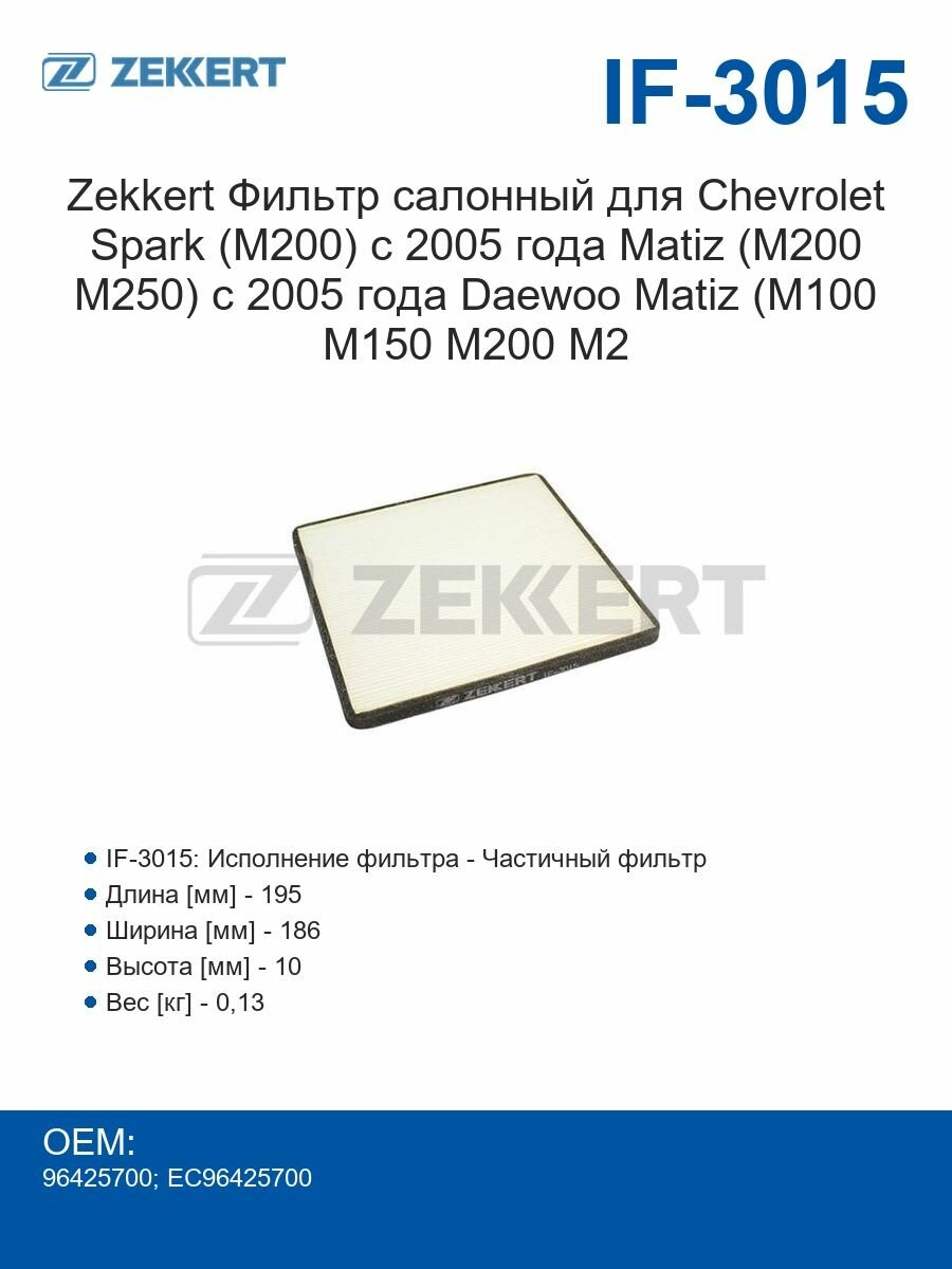 Zekkert Фильтр салонный для Chevrolet Spark (M200) с 2005 года Matiz (M200 M250) с 2005 года Daewoo Matiz (M100 M150 M200 M2