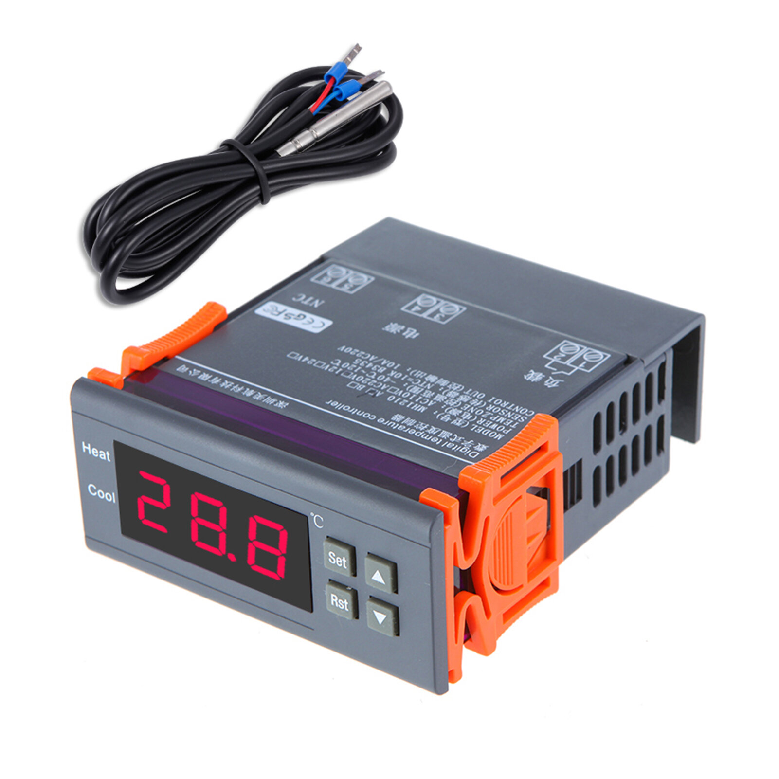 Контроллер температуры цифровой 200~240V термопара -40℃ ~ 120℃ термостат с датчиком NTC 25℃=10K B3435, рабочее напряжение AC 200~240V, погрешность измерения ±0.5℃, вес изделия 160g, размер 8.5*7.5*3.5cm