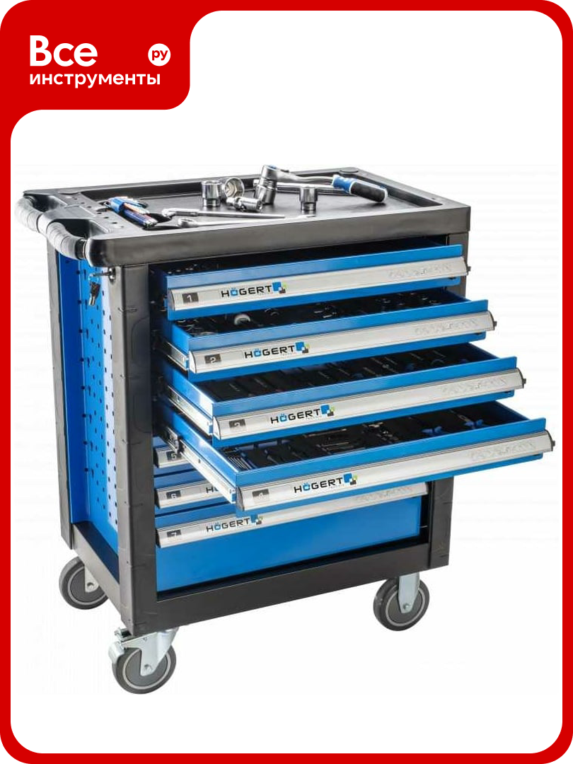 Инструментальная тележка HOEGERT TECHNIK 7 ящиков, усиленный пластиковый верх HT7G047