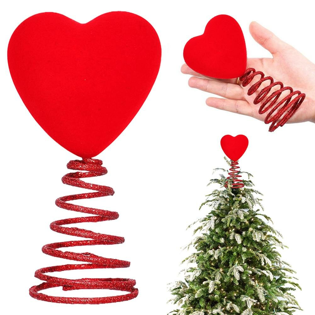 Миниатюрная верхушка для елки в виде красного сердечка с блестками ко Дню святого Валентина, креативное украшение в виде сердечка на спиральной подставке для мини-елок, свадебного торжества, вечеринки, дома и праздничного декора.