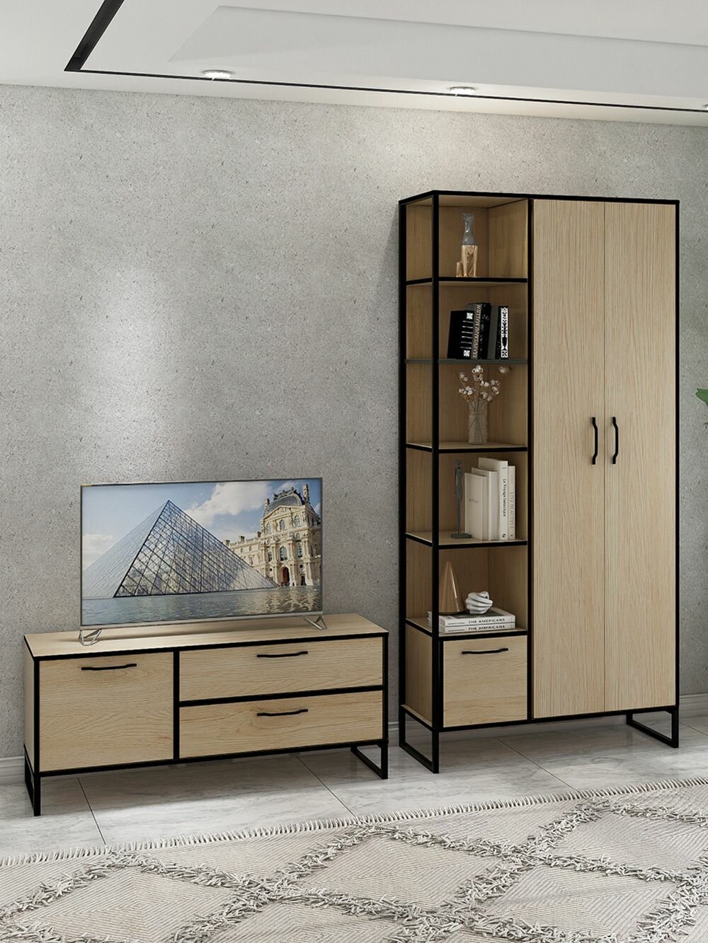 Гостиная комплект Виртон Макси ТВ-тумба, распашной шкаф, 215x40x200 см, Дуб Крафт золотой / Черный
