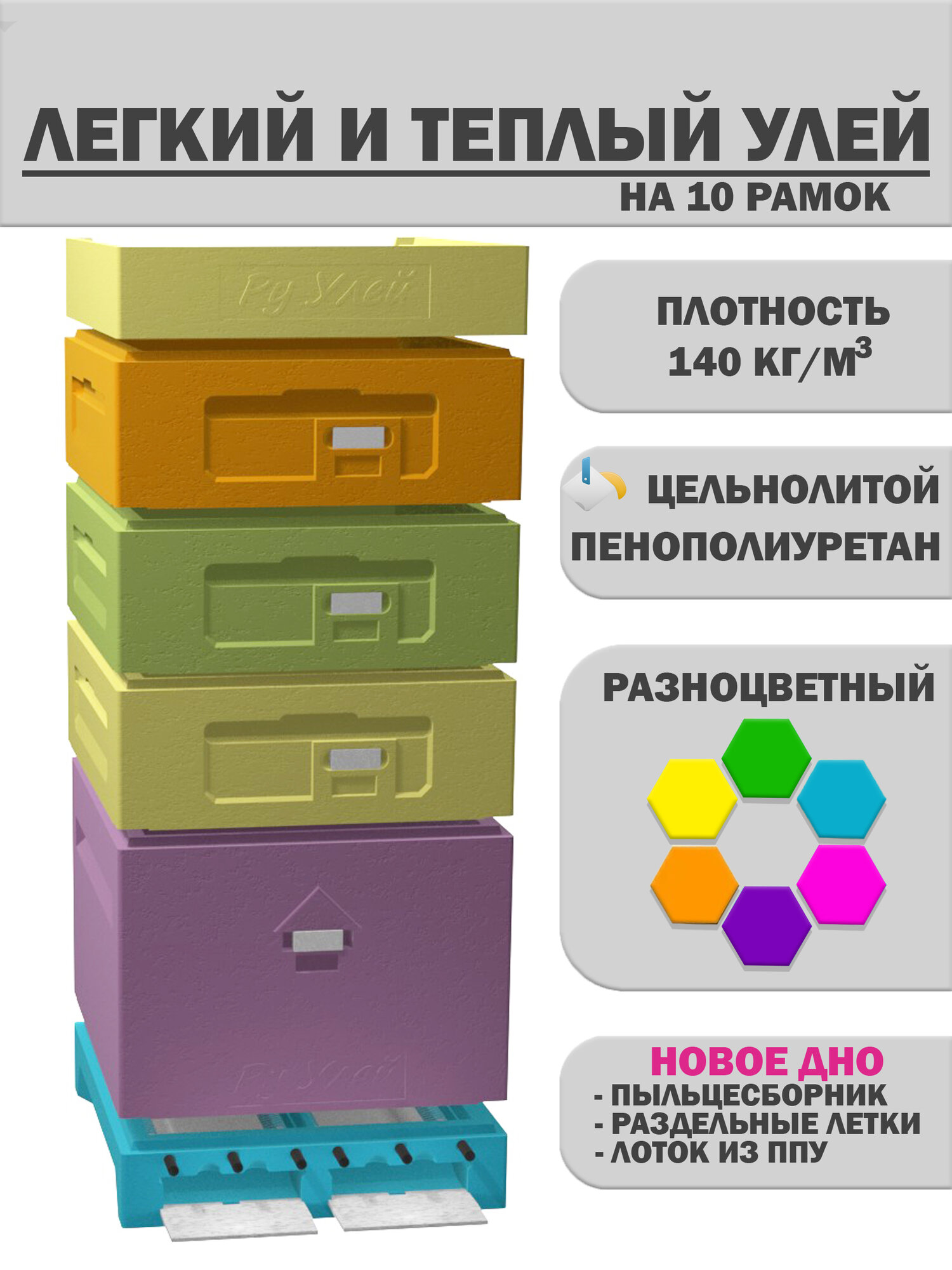 Улей для пчел ППУ 10 рамочный "Ру Улей", комплект (1 Дадан +3 Магазин)