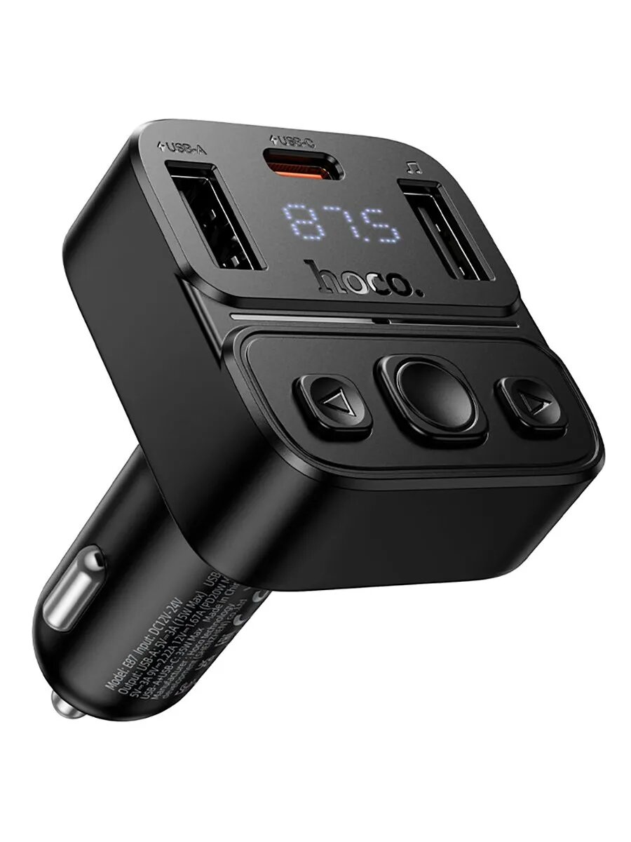 FM модулятор (трансмиттер) Hoco E87 Bluetooth 35W (USB + Type-C), TF card, цвет черный