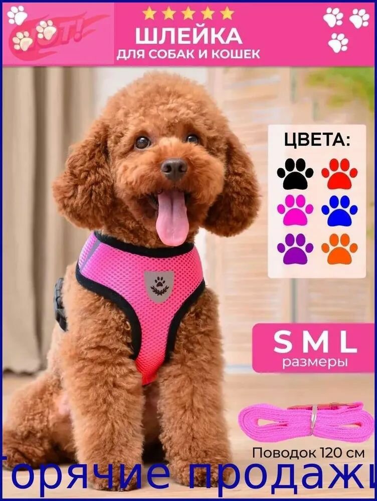 Шлейка для собак и кошек с поводком для всех типов пород