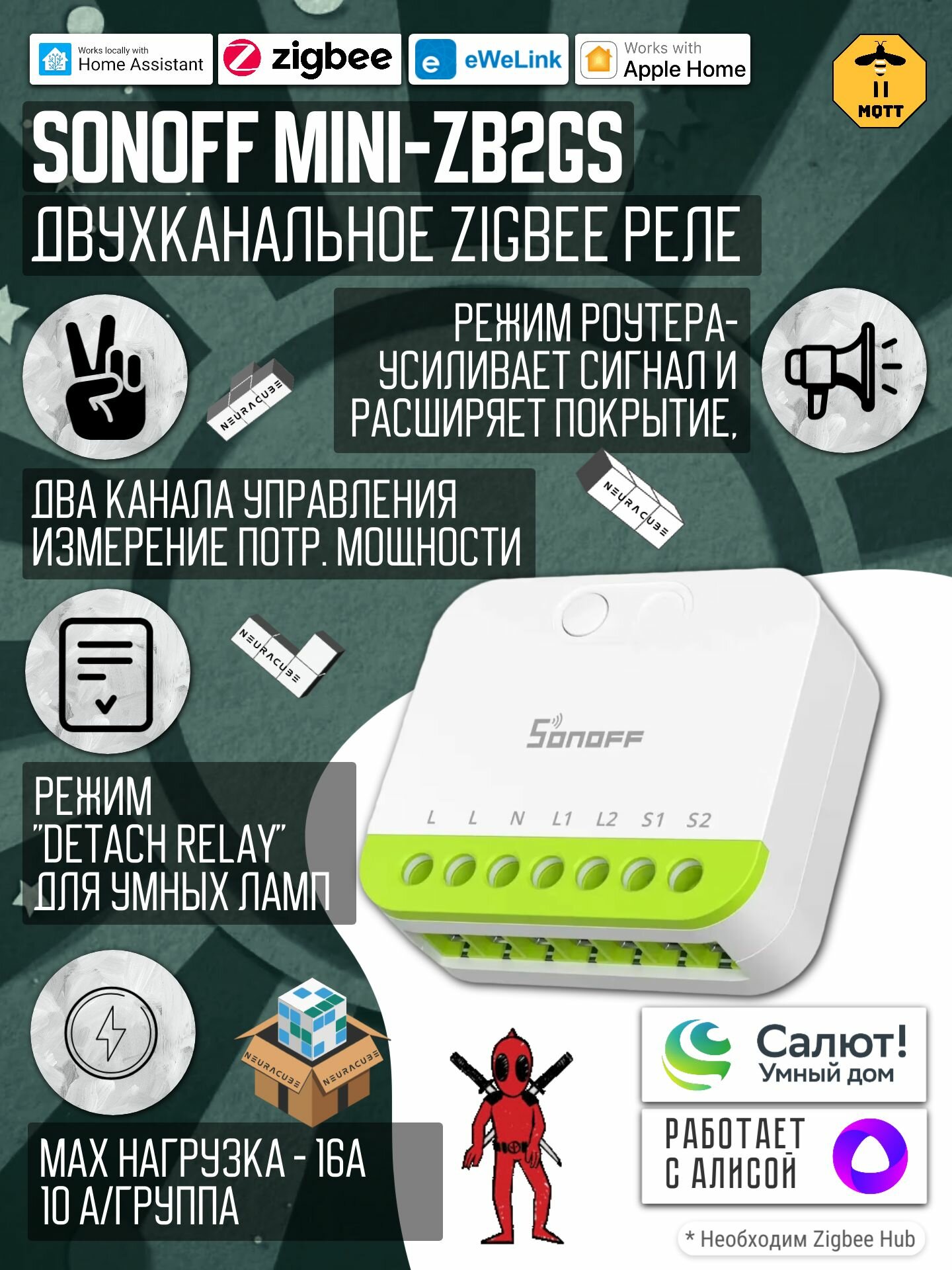 Умное Двухканальное Zigbee реле SONOFF MINI-ZB2GS (10А-на канал)