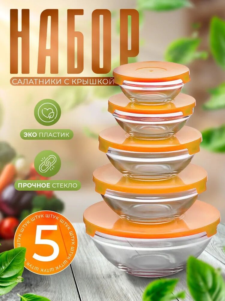 Набор стеклянных салатников с крышками Доляна «Классика» набор: 5 предметов, 900 мл, 500 мл, 350 мл, 200 мл, 130 мл