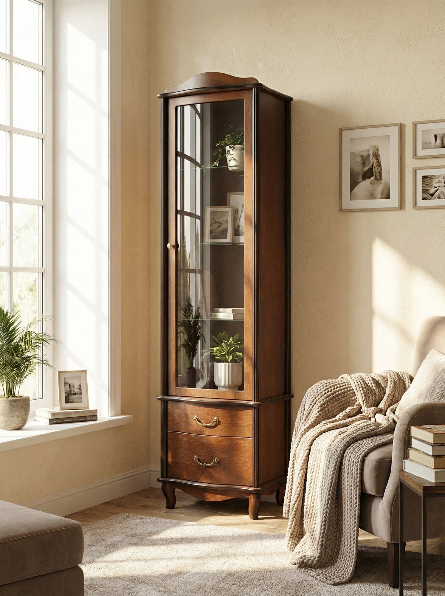 Шкаф-витрина Мебелик Джульетта, с зеркалом, с полками и ящиками, цвет орех Л