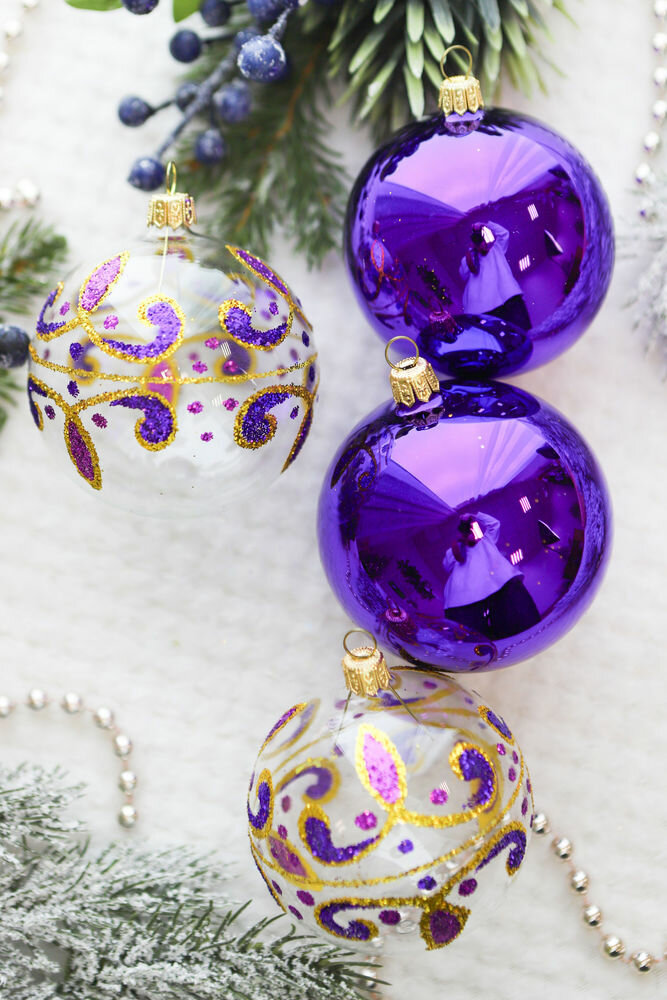 Набор стеклянных шаров кружевной фиолетовый, 4х75 мм, Елочка С1189-фиол