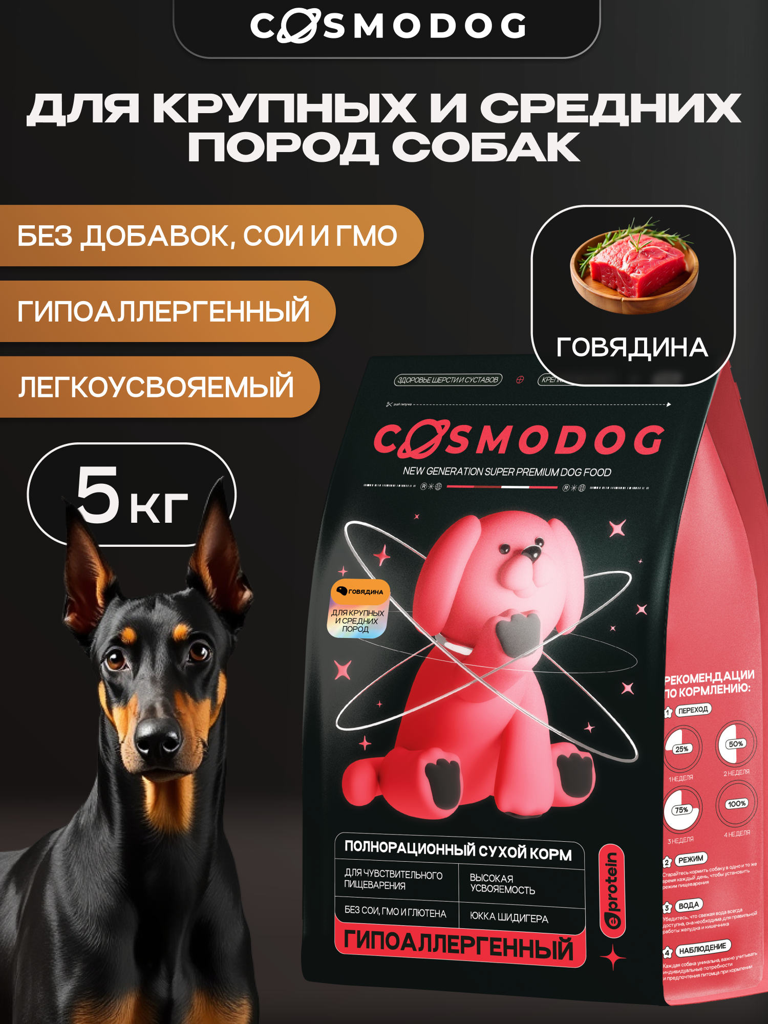 Корм для собак сухой с говядиной и индейкой 5 кг Cosmodog гипоаллергенный холистик для крупных и средних пород