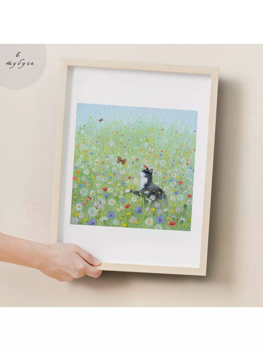 Летний луг котик ловит бабочку, 30 x 40 см, материал бумага, без рамы