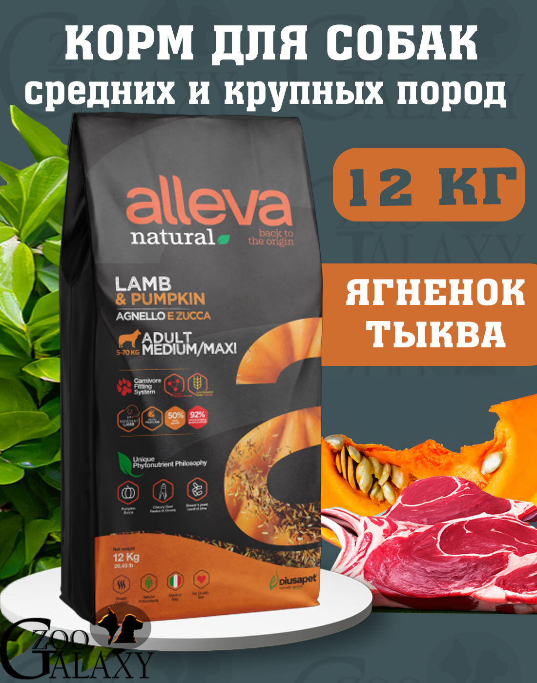 ALLEVA Корм для собак NATURAL LAMB AND PUMPKIN MEDIUM, MAXI 12 кг