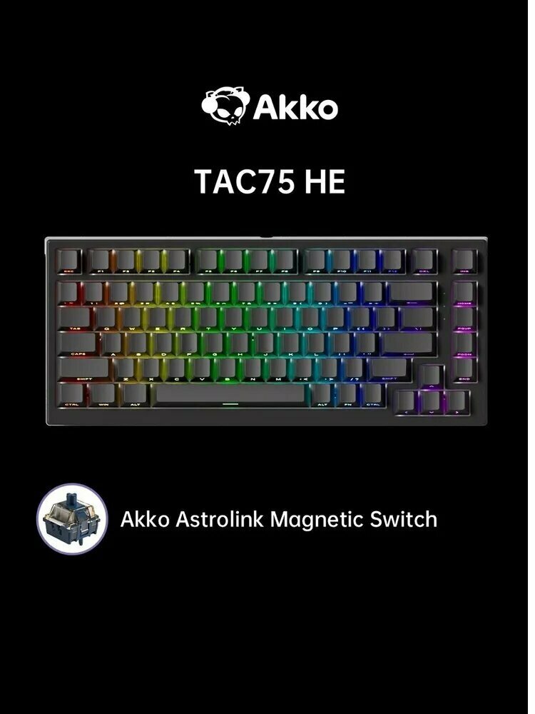 AKKO Игровая клавиатура проводная Akko TAC75 HE single 8K SP black word прозрачная проводная механическая клавиатура RGB 83-клавишная версия US pure magnetic axis, (Astrolink Magnetic), Английская раскладка, черно-серый, черный матовый