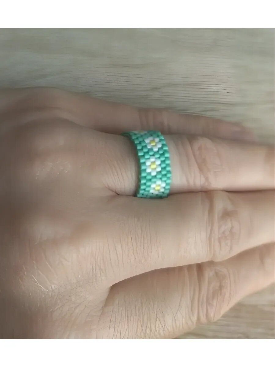 Кольцо плетеное из бисера "Ромашки" р. 15,5 - 1 шт