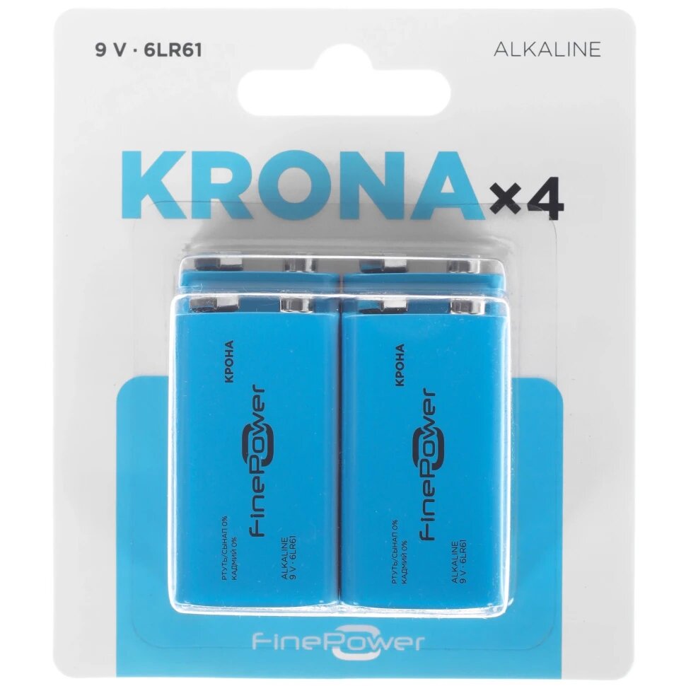 Батарейка FinePower крона (6LR61/6F22/CR-9V), щелочная (LR), 4 шт, блистер